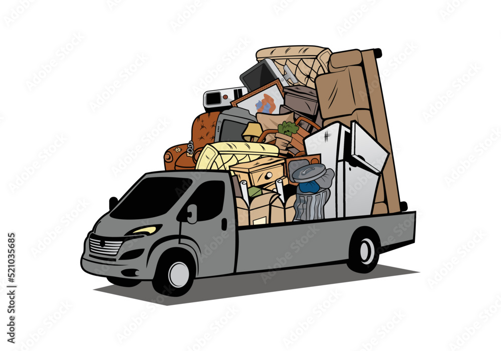 Cartoon pickup truck loaded full of household junk design illustration ...