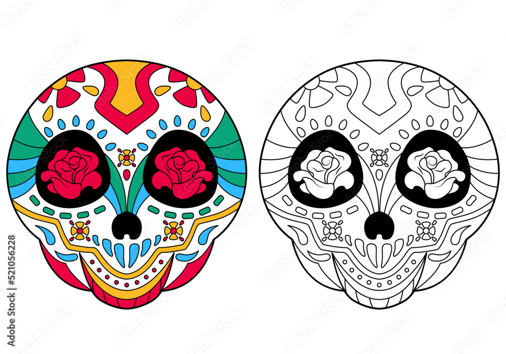 Sugar skull - coloring page with coloring example. The day of the Dead ...