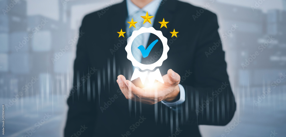 Quality assurance of business services and five star, Businessman hand ...