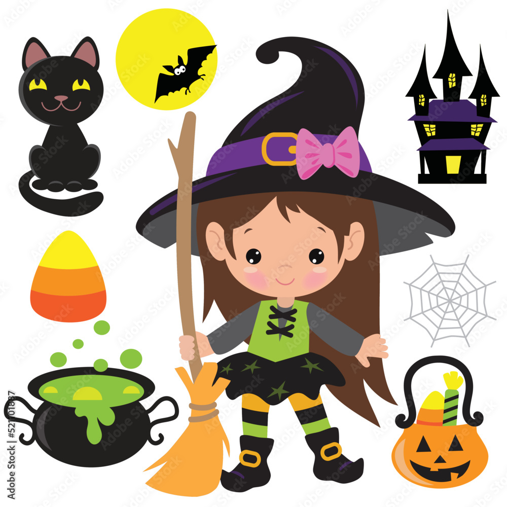 Cute little Halloween witch vector cartoon illustration Stock Vector ...