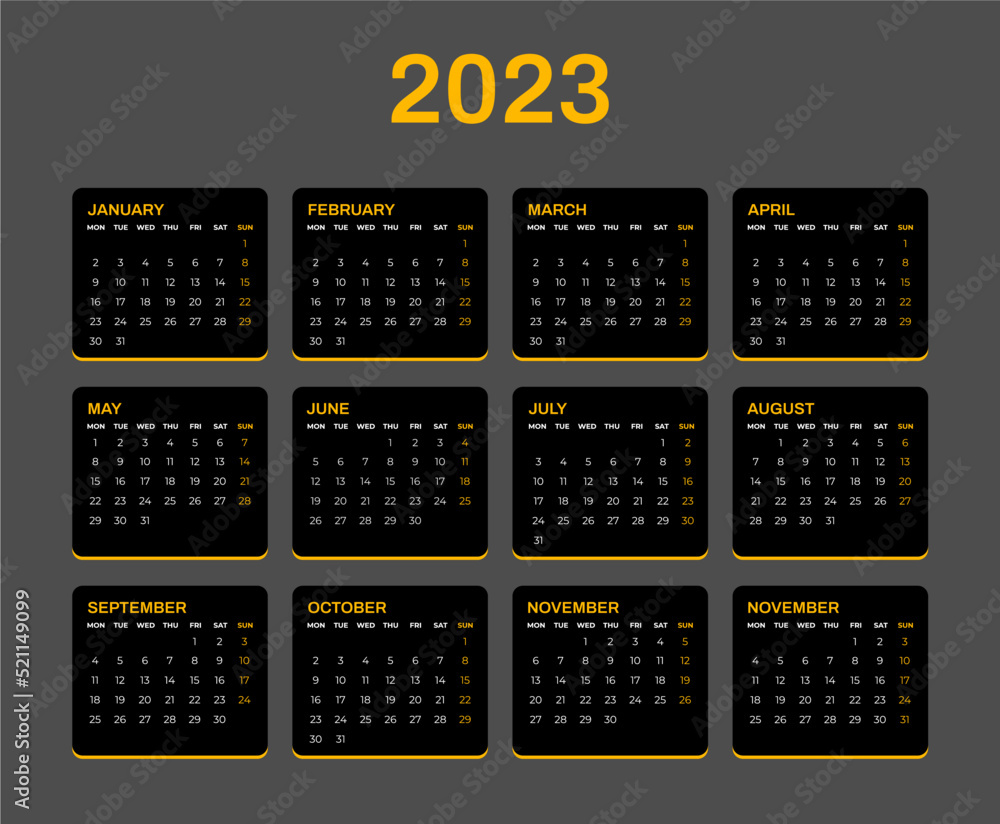 2023 Calendar Template Dark Black Theme With Yellow, Week Starts From ...