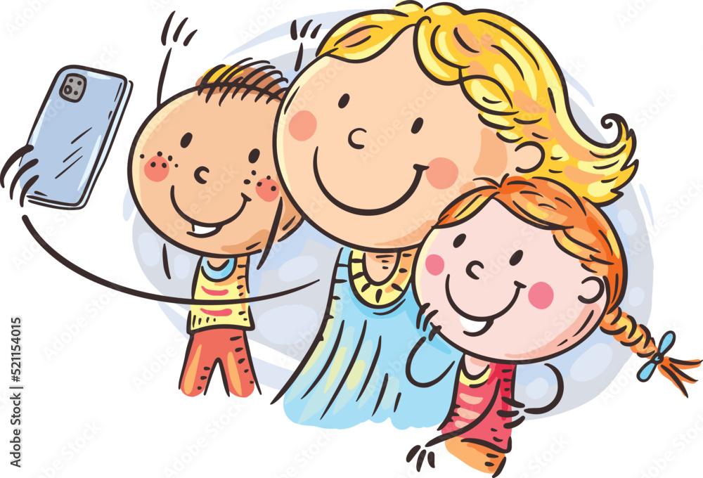 Cartoon family clipart. Selfie of happy mom with two children: boy and ...