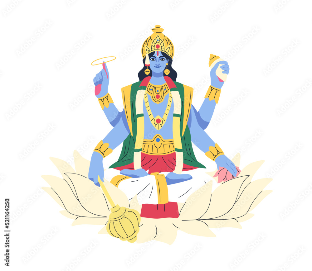 Vishnu, Indian lord of Hinduism. Hari god of ancient India. Hindu deity sitting on lotus flower ...