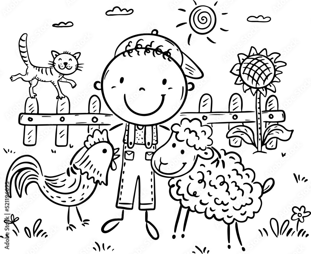 Line drawing of a little boy at countryside with farm animals. Farm ...