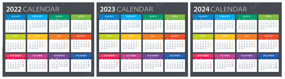 2022, 2023, 2024 Calendar - illustration. Template. Mock up Week starts ...