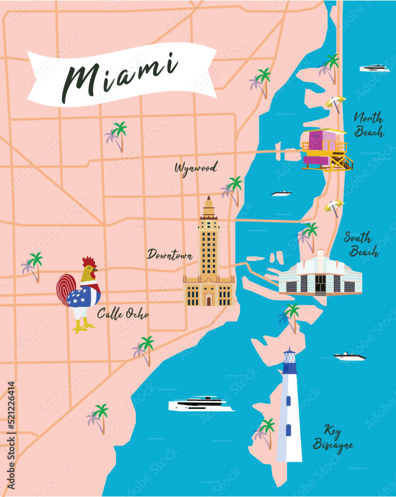 Miami Map Vector, Miami Travel Map, Miami Beach Stock Vector | Adobe Stock