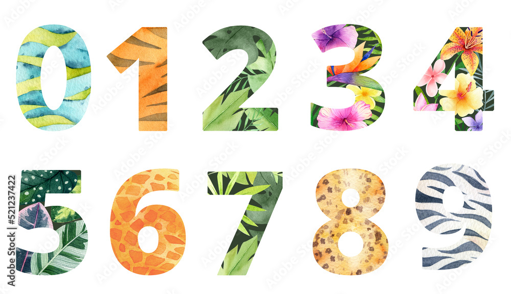 Watercolor Tropical numbers with flowers and leaves. Jungle flower ...