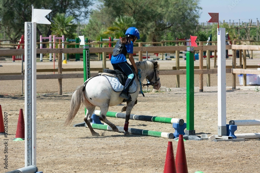 Little Girl that rides a white Pony and Jumps the obstacle during Pony ...