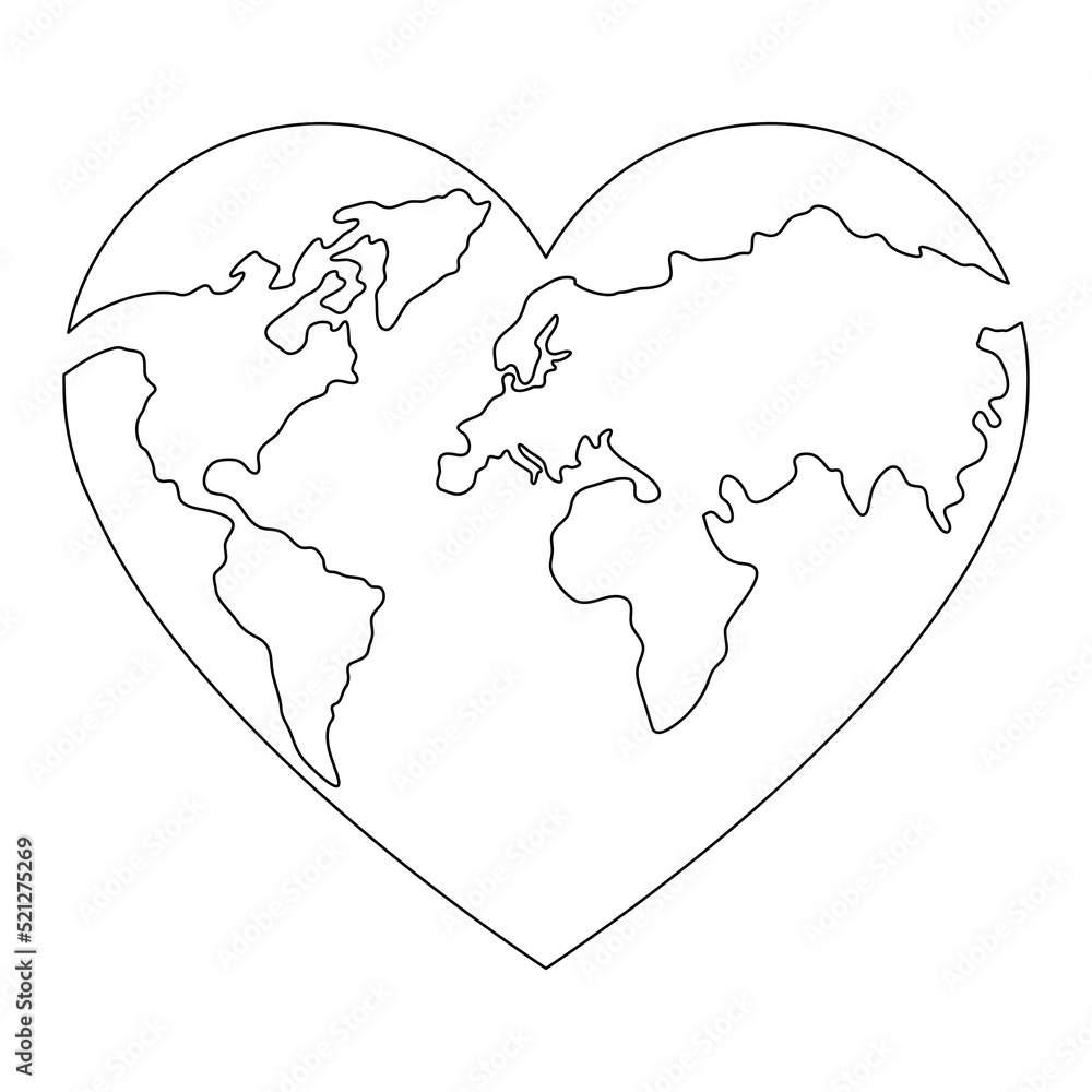Earth globe continuous line drawing of the heart shape. Love world map ...