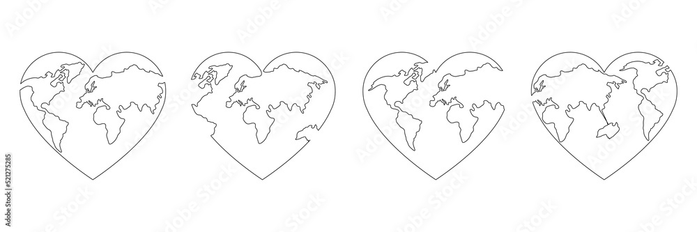 World map continuous line drawing of the heart shape set. Love Earth ...