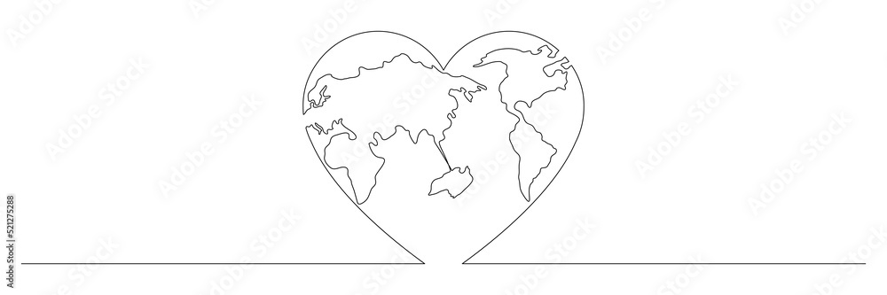 Earth globe continuous line drawing of the heart shape. Love world map ...