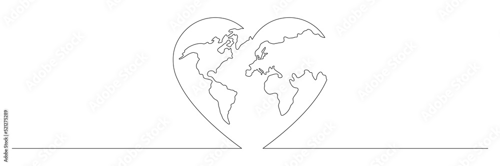 Earth globe continuous line drawing of the heart shape. Love world map ...