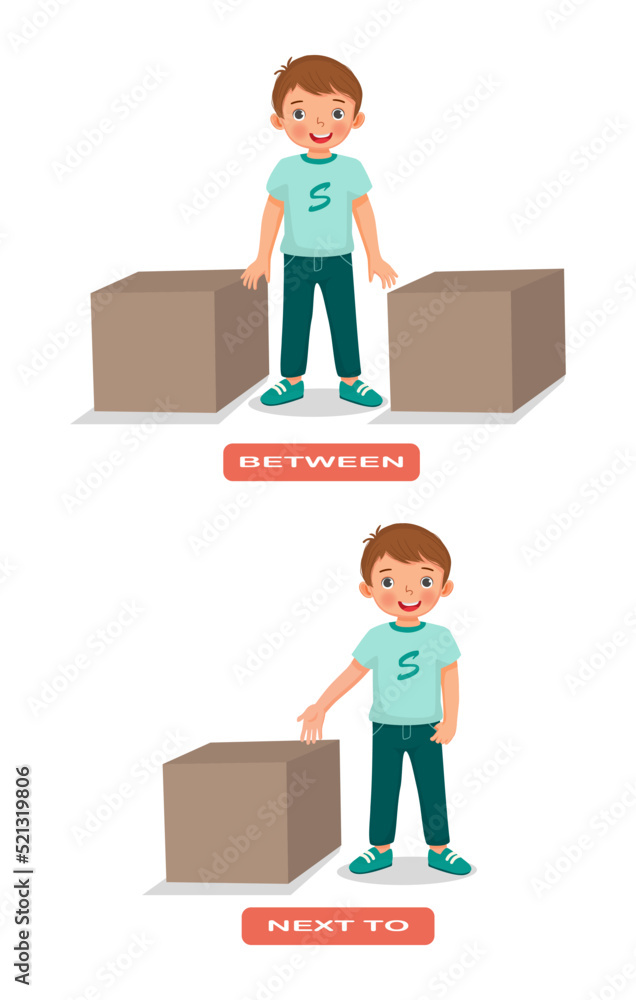 Preposition of place illustration little boy standing between and next ...