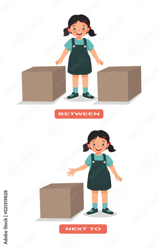 Preposition of place illustration little girl standing between and next ...