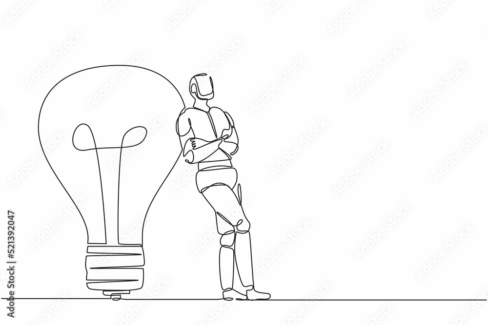 Single one line drawing robot lean on giant light bulb. Future ...