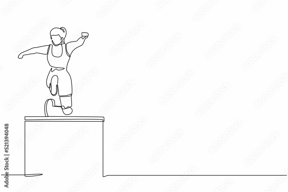 Single continuous line drawing front view amputated female athlete ...