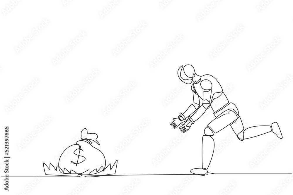 Continuous one line drawing robot running to catch money bag in the ...