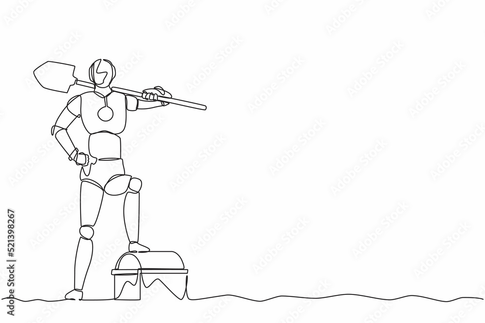 Single continuous line drawing robot digging ground with shovel and ...