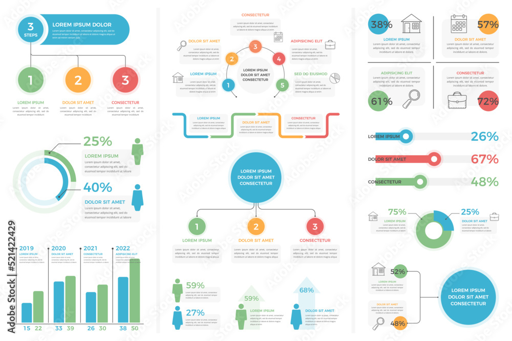 Set of infographic templates - steps and options, pie charts, process ...