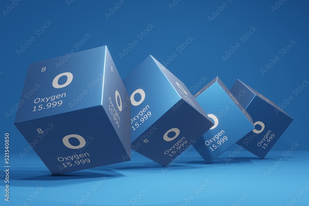 3D illustration of oxygen, chemical element of the periodic table ...