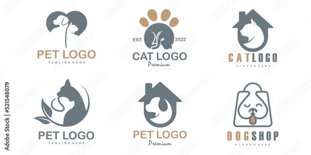 Pet care icon set logo with dog and cat silhouette symbol for store ...
