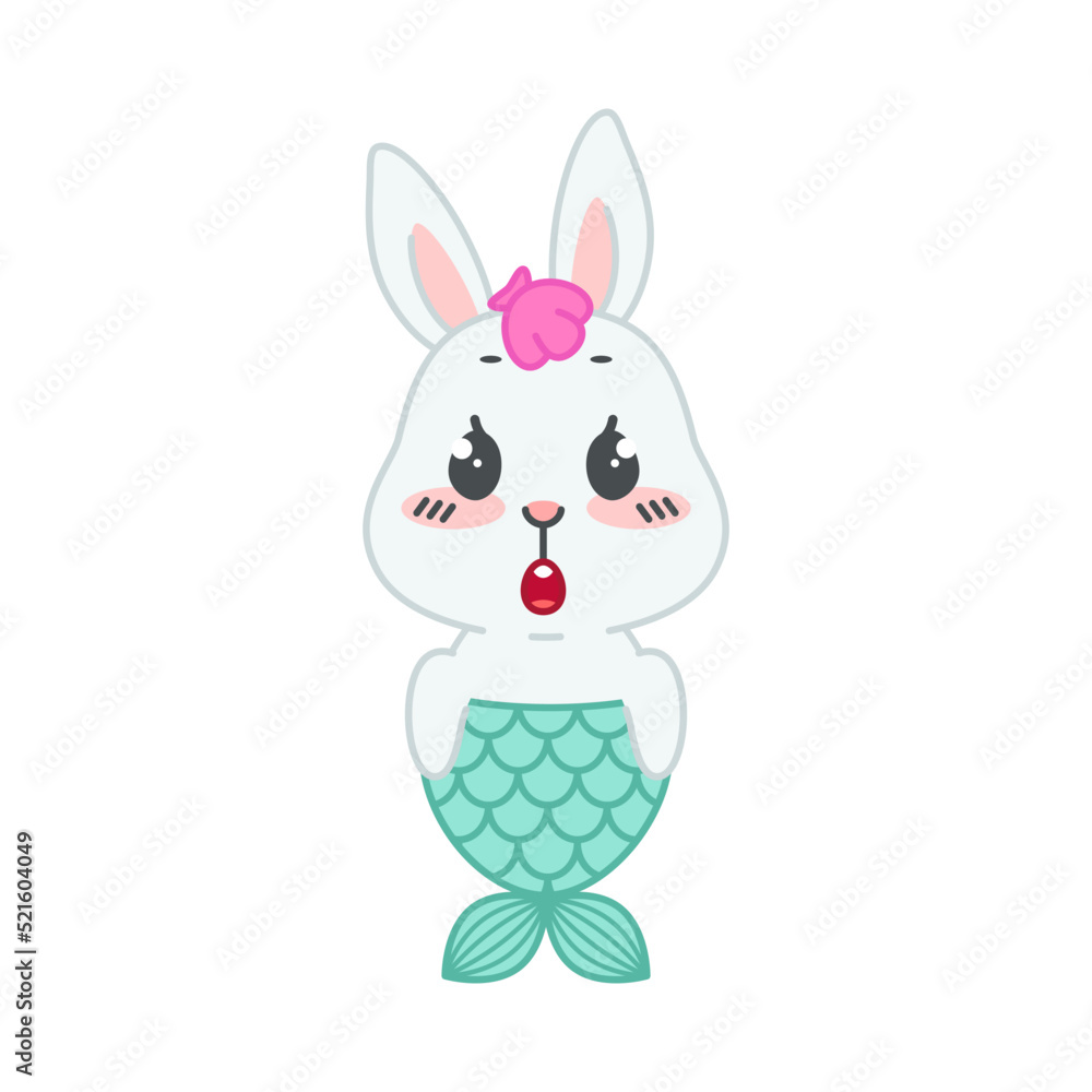 Cute little rabbit with a mermaid tail. Flat cartoon illustration of an ...