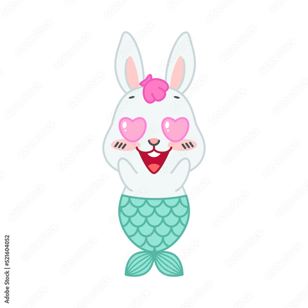 Cute little rabbit with a mermaid tail. Flat cartoon illustration of a ...