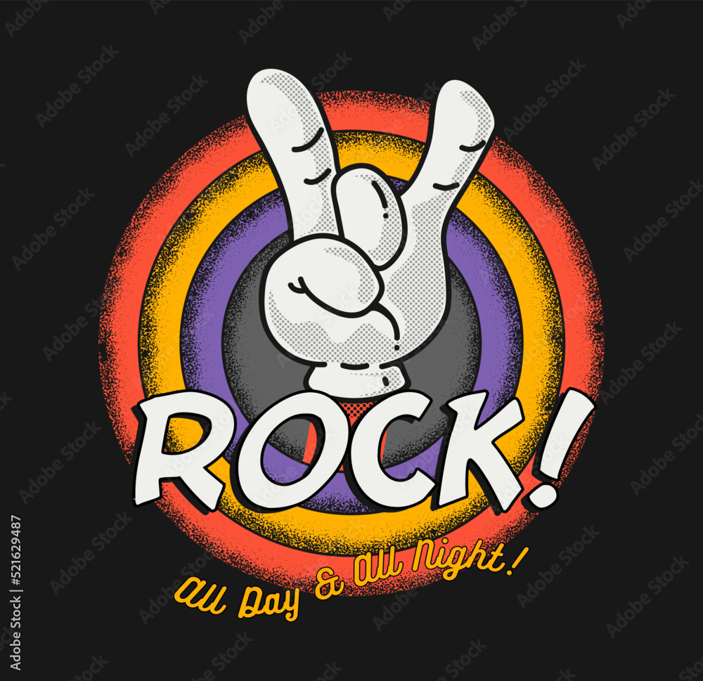 Cartoon rock hand gesture on vintage rounded background for t-shirt ...