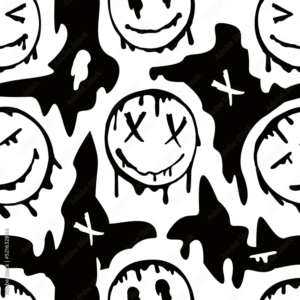 Melting smile seamless pattern. Set of psychedelic smiles and and blots ...
