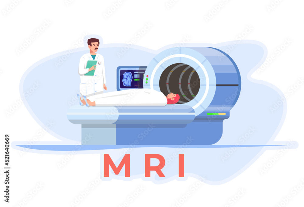 MRI device. MRI scan. Magnetic reasoning imaging. Doctor is explaing to ...