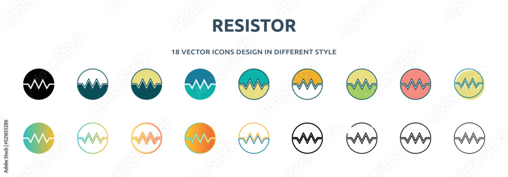 resistor icon in 18 different styles such as thin line, thick line, two color, glyph, colorful ...