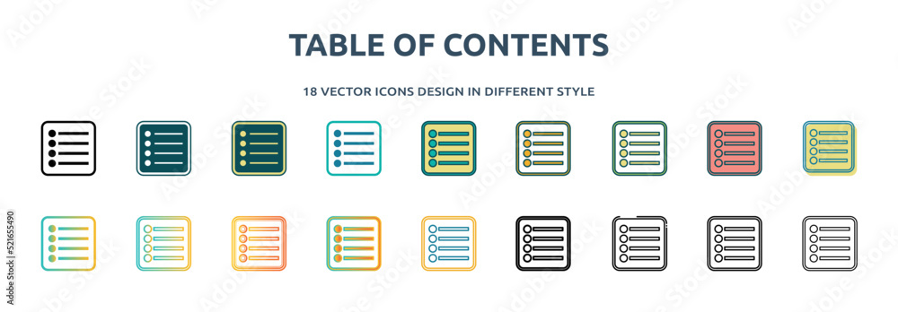 table of contents icon in 18 different styles such as thin line, thick ...