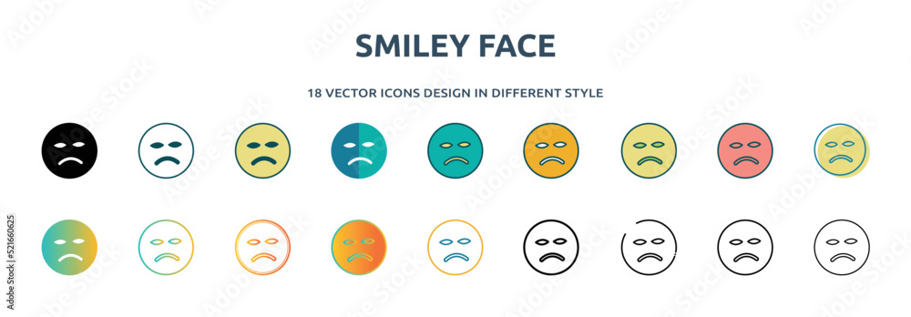 smiley face icon in 18 different styles such as thin line, thick line ...
