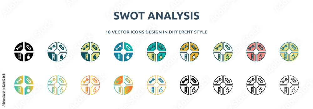 swot analysis icon in 18 different styles such as thin line, thick line, two color, glyph ...