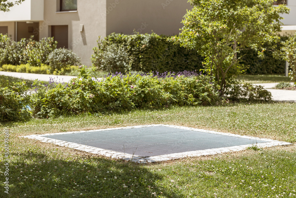 Ventilation Shaft Metal Grid of Underground Parking on Ground Outside. Vent Air Conditioning ...