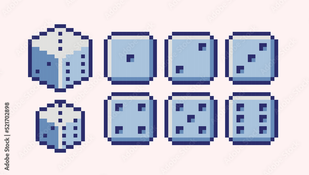 Dice roll pixel art set. Playing cube sides collection. 8 bit sprite ...