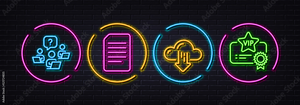 Teamwork question, Cloud download and Document minimal line icons. Neon laser 3d lights. Vip ...