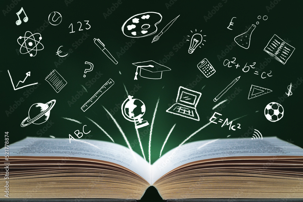 Education and learning concept image. Large open book with icons and ...
