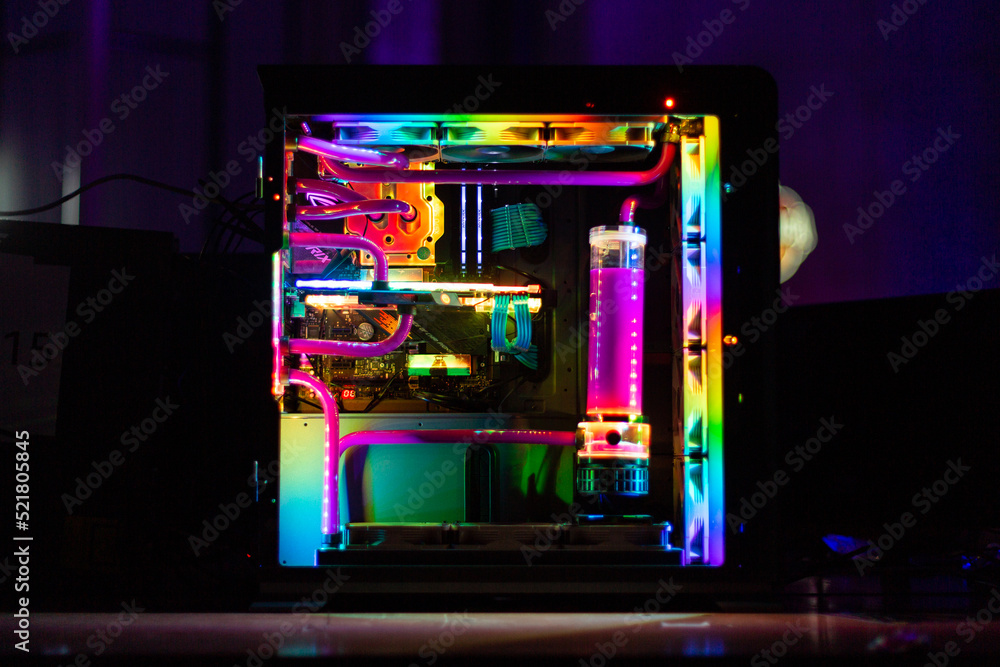 Custom made desktop computer PC with water cooling system and bright ...