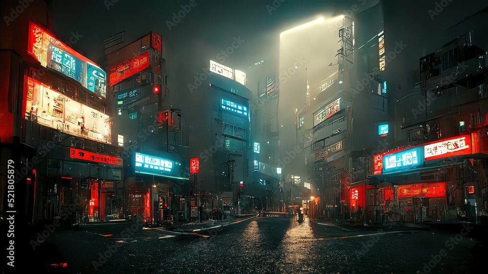 Ilustración de Stock Cyberpunk streets illustration, futuristic city, dystoptic artwork at night ...