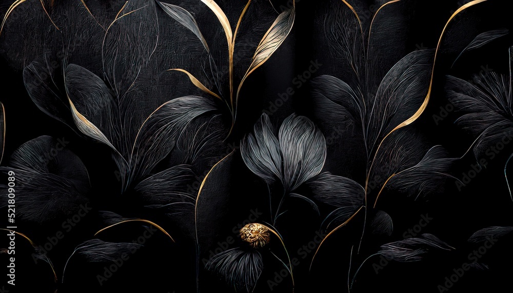 Black and gold, luxury background, floral shapes, black silk texture ...