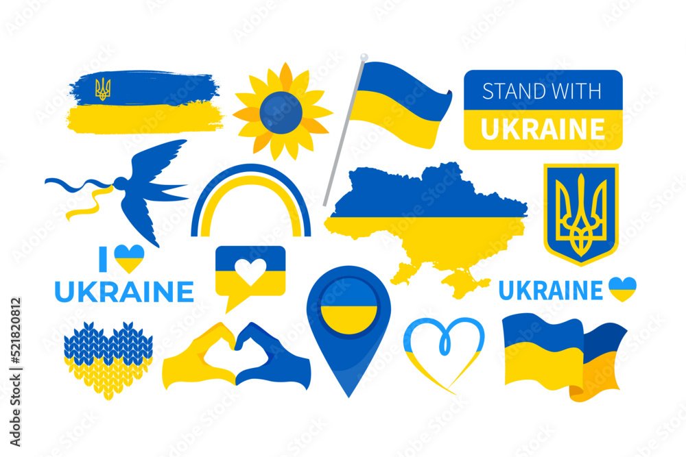 Vector set of Ukrainian national symbols isolated on white background ...