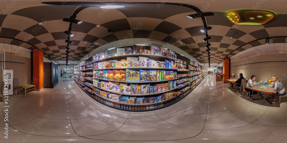 360 seamless hdri panorama of the board game store, board games in ...