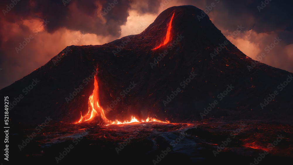 Night landscape with volcano and burning lava. Volcano eruption ...