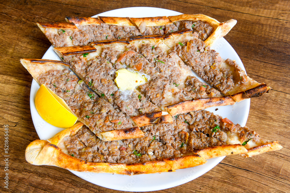 Turkish pita with minced cubed meat and cheese (Turkish name: Kiyma ...