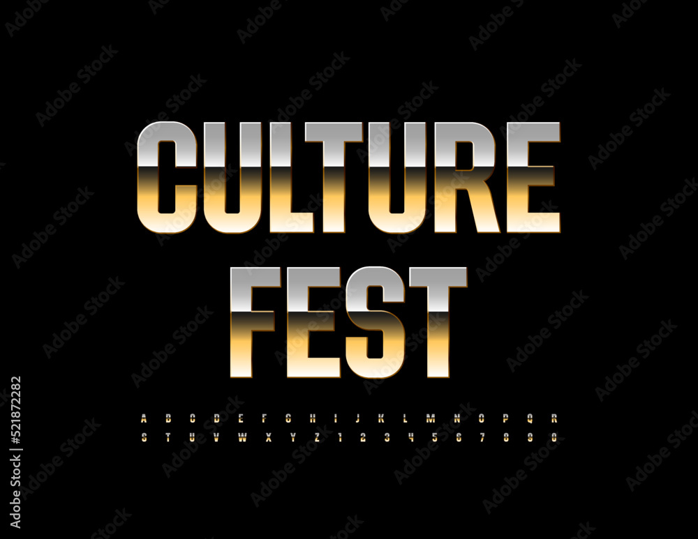 Vector event poster Culture Fest. Shiny gold Font. Elegant metallic Alphabet Letters and Numbers ...