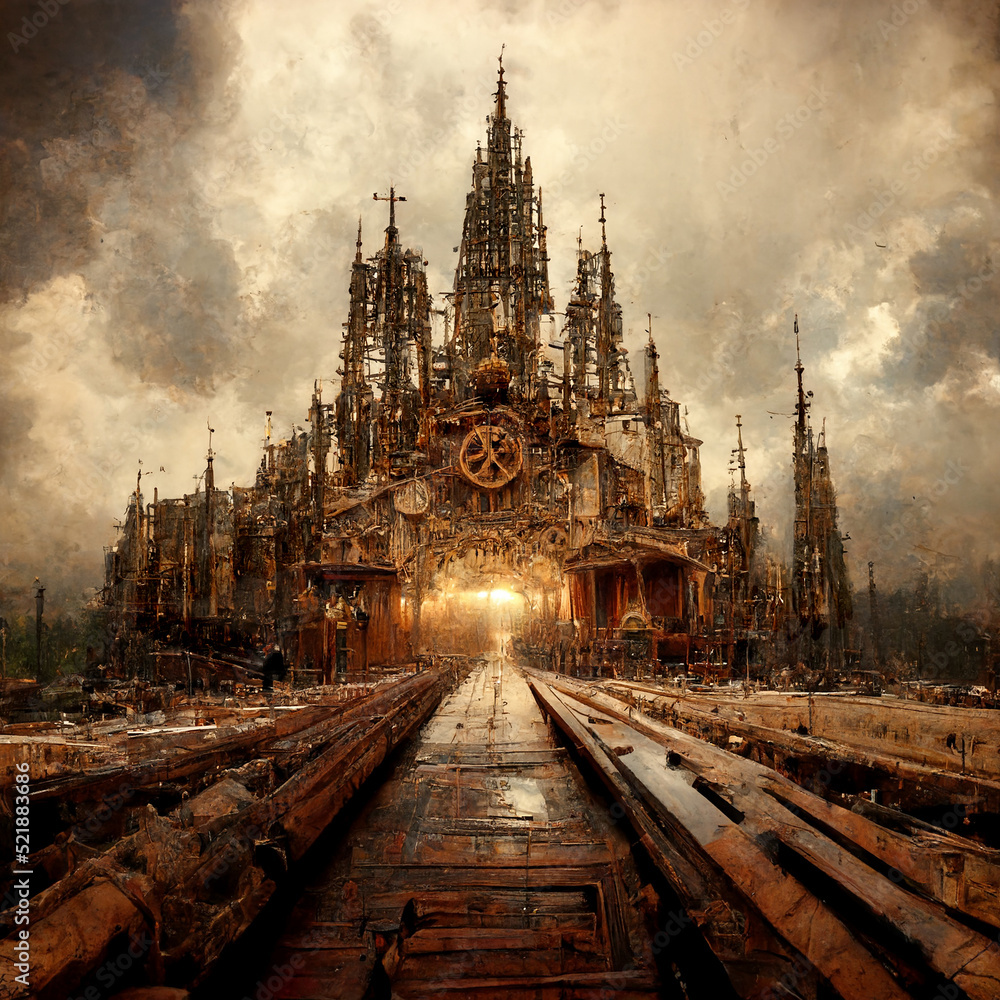 Colossal New World Order Steampunk cathedral, Illustration Stock ...