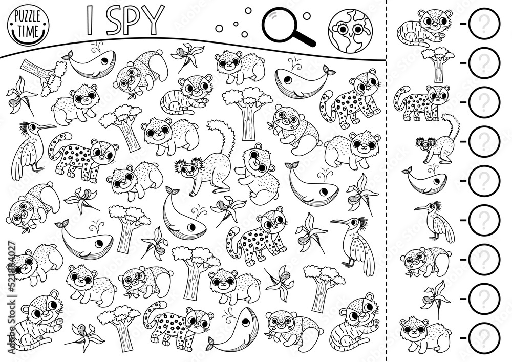 Ecological black and white I spy game for kids. Searching and counting ...