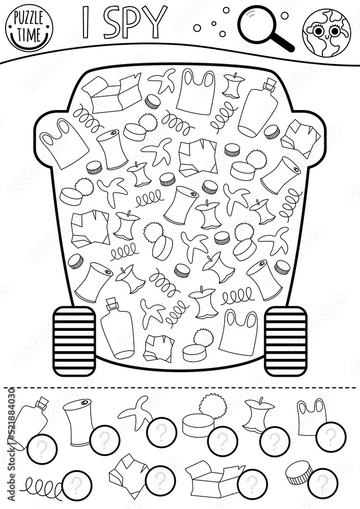 Ecological black and white I spy game for preschool kids. Searching and ...