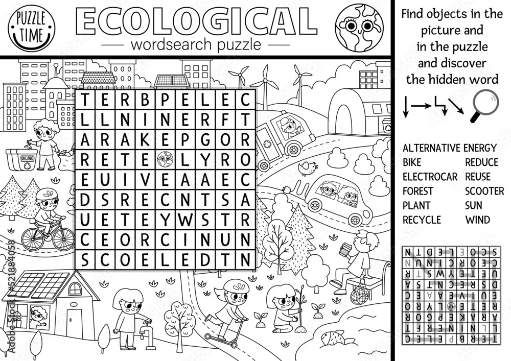 Vetor Vector ecological wordsearch puzzle for kids. Black and white ...
